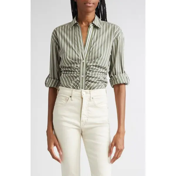 Veronica Beard Devra Stripe Ruched Button-up Shirt