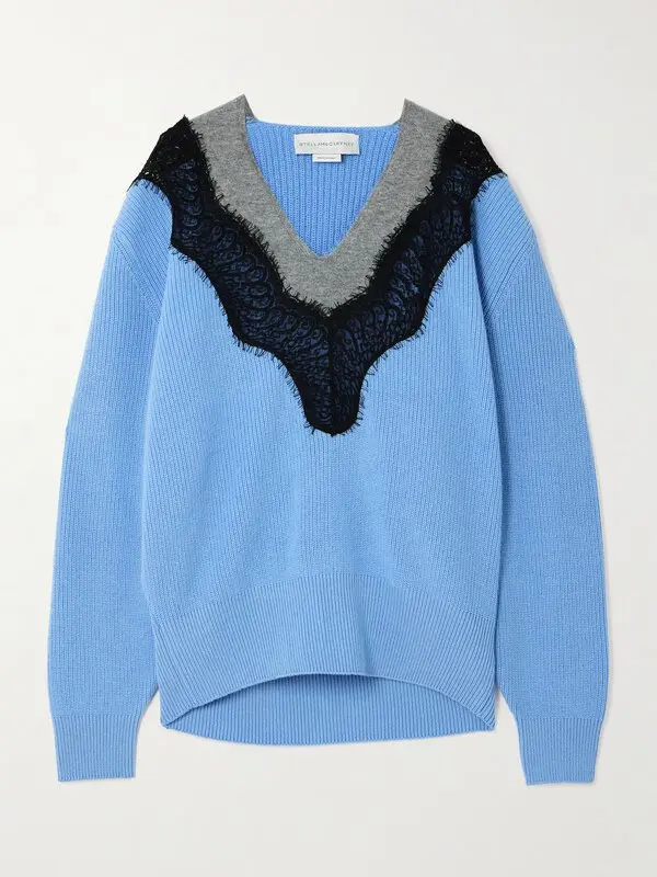 Stella McCartney Oversized Lace-trimmed Ribbed Wool Sweater - Blue