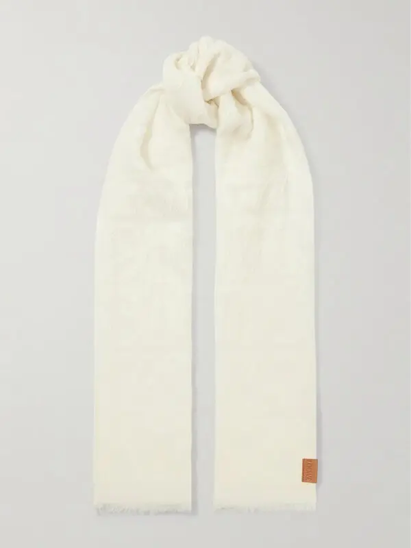 Loewe Frayed Wool And Silk-blend Jacquard Scarf - White