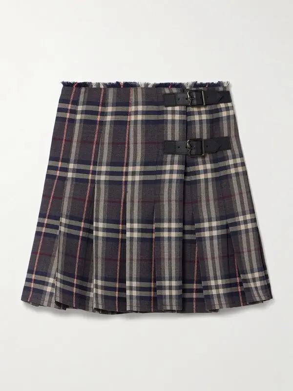 Burberry Leather-trimmed Pleated Checked Wool Mini Skirt - Multi
