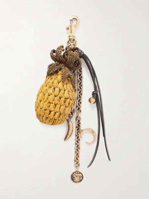 Chloé Leather-trimmed Metal And Raffia Keychain - Yellow