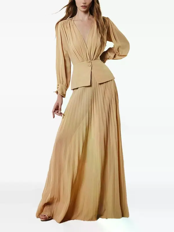 Pronovias Party Edit Pleated V-Neck Maxi Dress - Neutrals | Editorialist