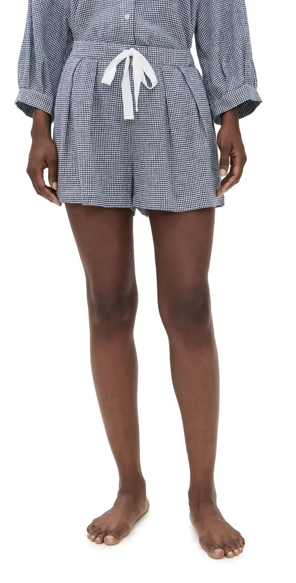 Eberjey Linen Blend Relaxed Shorts - Gingham White/navy