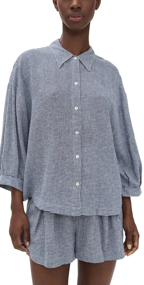 Eberjey Linen Blend Relaxed Sleeve Top - Gingham White/navy