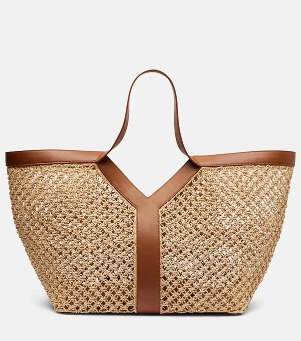 Saint Laurent Raffia Shopper With Leather Trim