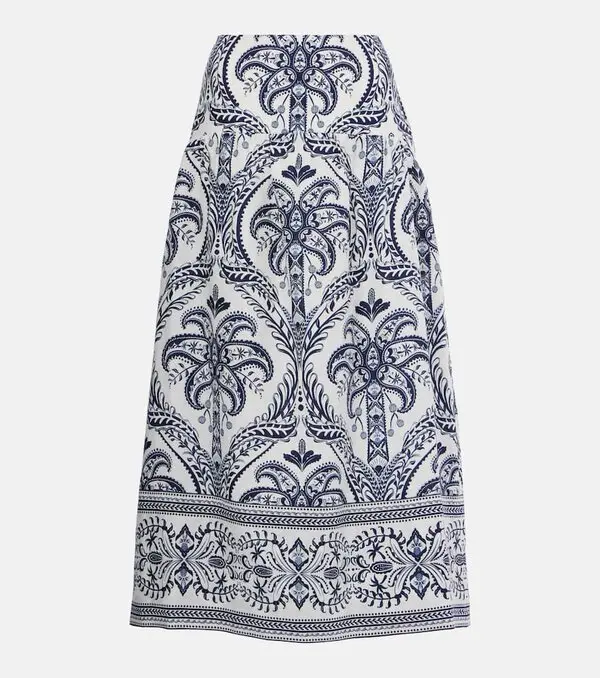 Farm Rio Tropical Cameo Printed Linen Midi Skirt - Blue