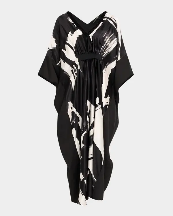 Natori Shodo Beaded Brushstroke-Print Silk Caftan Blw Editorialist