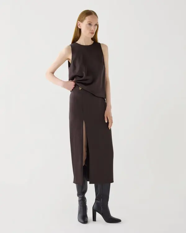 Veronica De Piante Elea Stretch Satin Midi Skirt - Chocolate