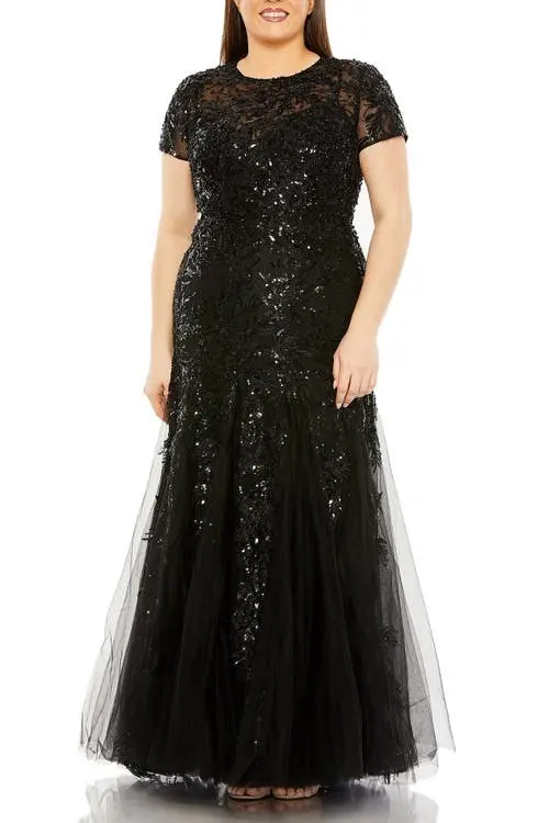 Mac Duggal Hand Embellished Mesh Overlay Applique Gown