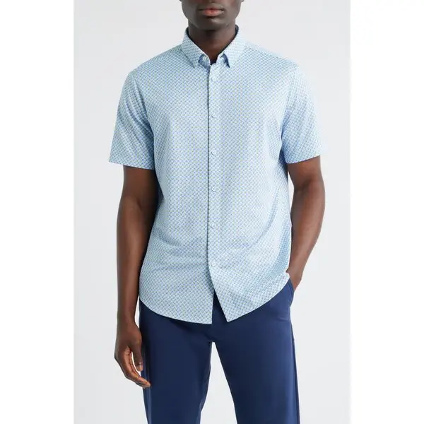 Mizzen+main Halyard Trim Fit Geo Print Short Sleeve Performance Button-up Shirt - Chambray Pinwheel Tile