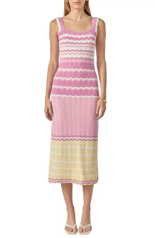 English Factory Stripe Pointelle Sweater Midi Dress - Pink Multi Stripe