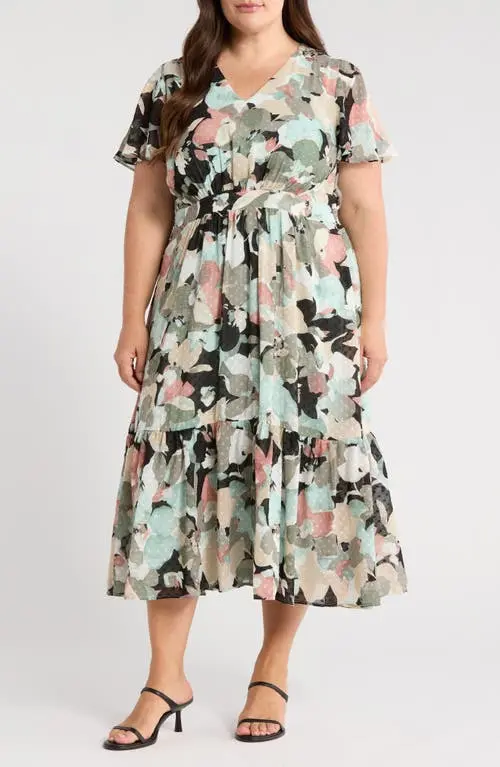 KASPER Clip Dot Flutter Sleeve Dress