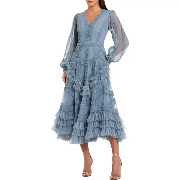 Mac Duggal Long Sleeve V-neck Ruffle Trim Midi Dress