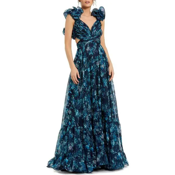 Mac Duggal Tiered Floral Chiffon Gown - Midnight Multi