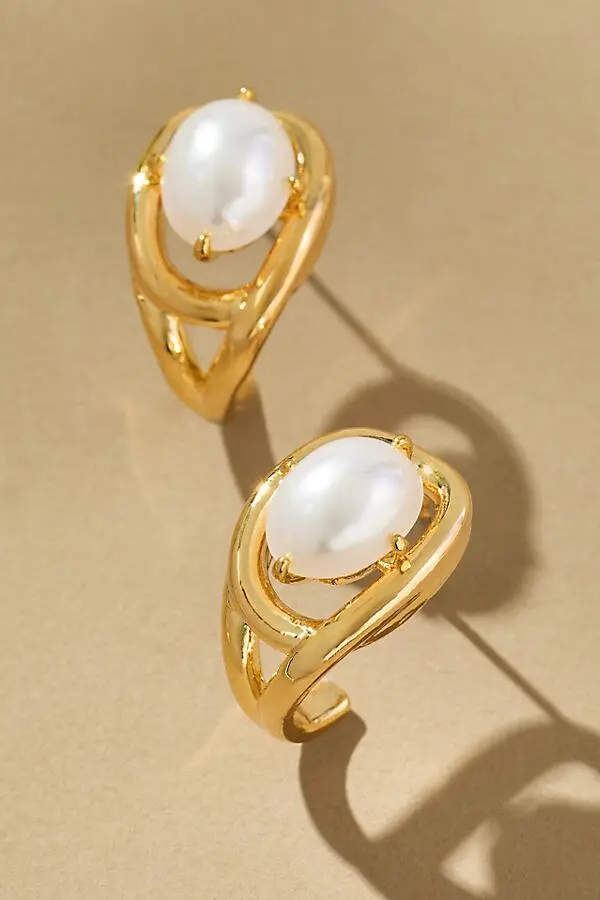 Anthropologie Curve Stone Huggie Hoop Earrings - Pearl