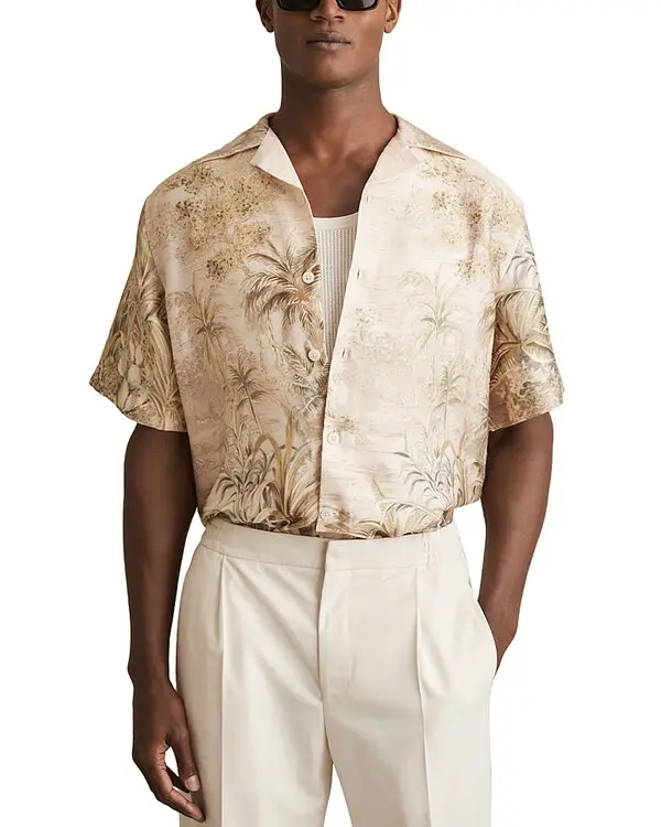 REISS Yoshi Printed Cuban Shirt - Soft Sage
