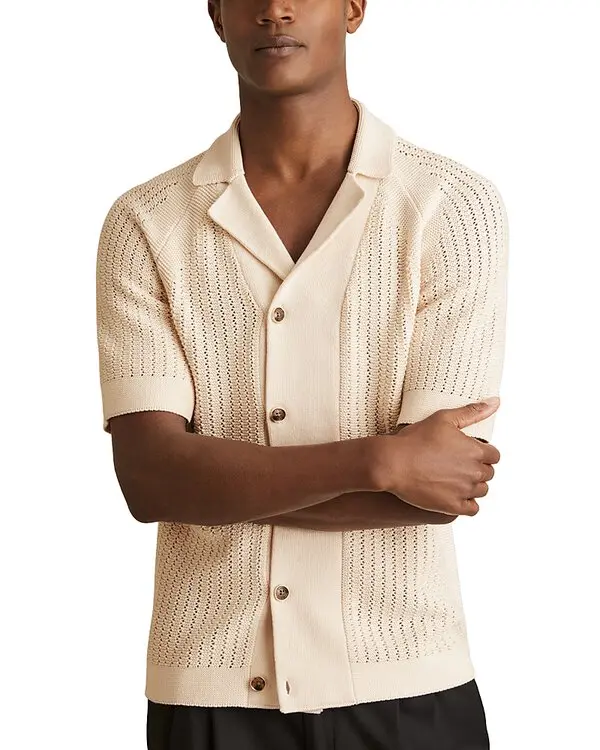 REISS Regular Fit Ribbed Knit Cuban Shirt - Light Stone