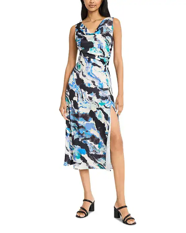 navy blue dress for baby girl MAGGY LONDON Black Asymmetrical Neck Stretch Crepe Midi LBD Sheath Dress 2  = XS main image 1