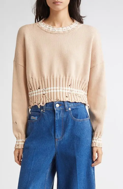 Marni Mending Logo Distressed Cotton Crewneck Sweater - 00w35 Sand Storm
