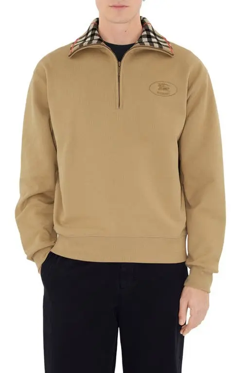 Burberry Ekd Stamp Check Trim French Terry Half Zip Sweatshirt - Flax