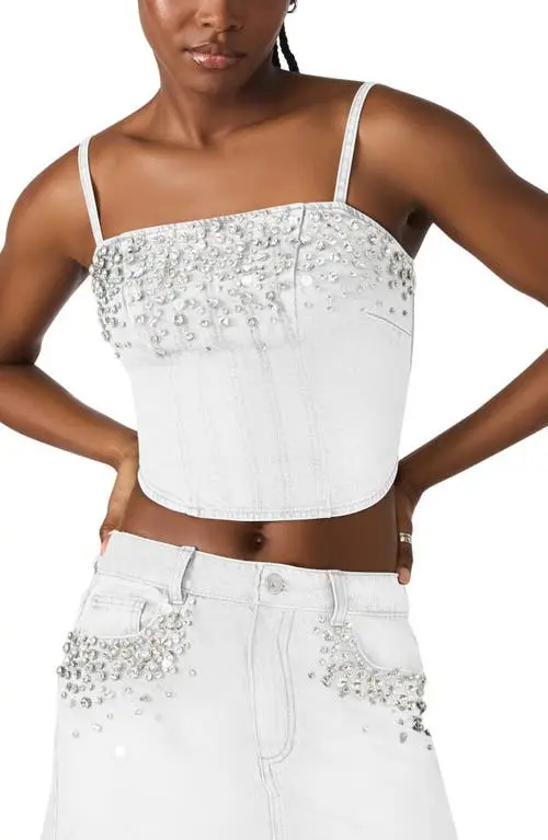 Steve Madden Eras Rhinestone Denim Crop Top - White