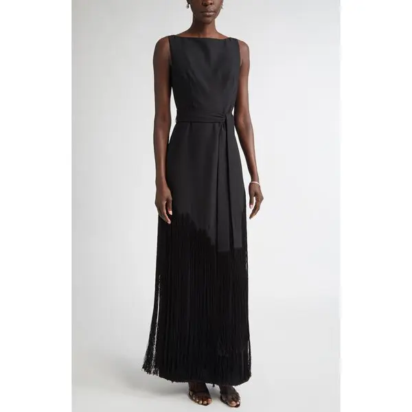 St. John Audrey Fringe Sleeveless Belted Gown