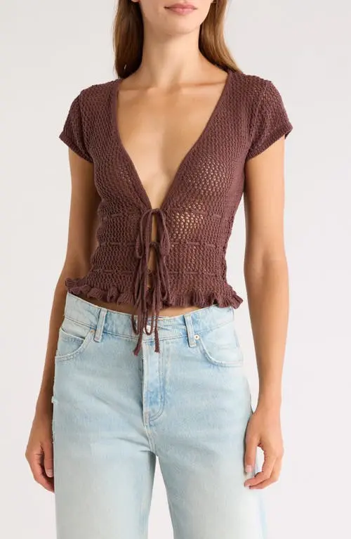 PACSUN Open Stitch Tie Front Cotton Top - Brown