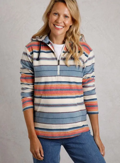 WEIRD FISH Lana 1/4 Zip Stripe Microfleece Hoodie - Ecru
