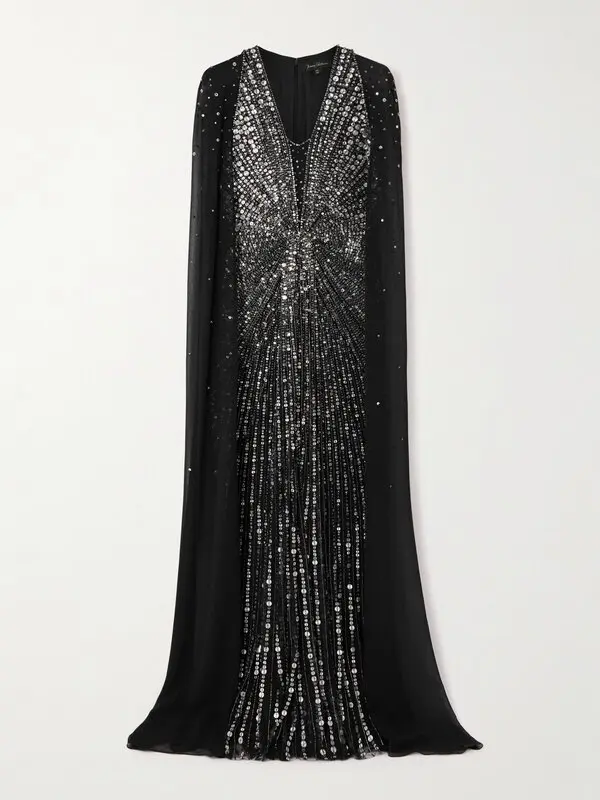 Jenny Packham Zenith Cape-effect Embellished Gown - Black