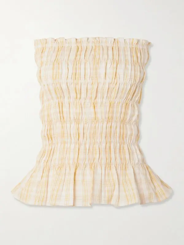 Faithfull The Brand Iris Strapless Shirred Checked Linen Top - Yellow