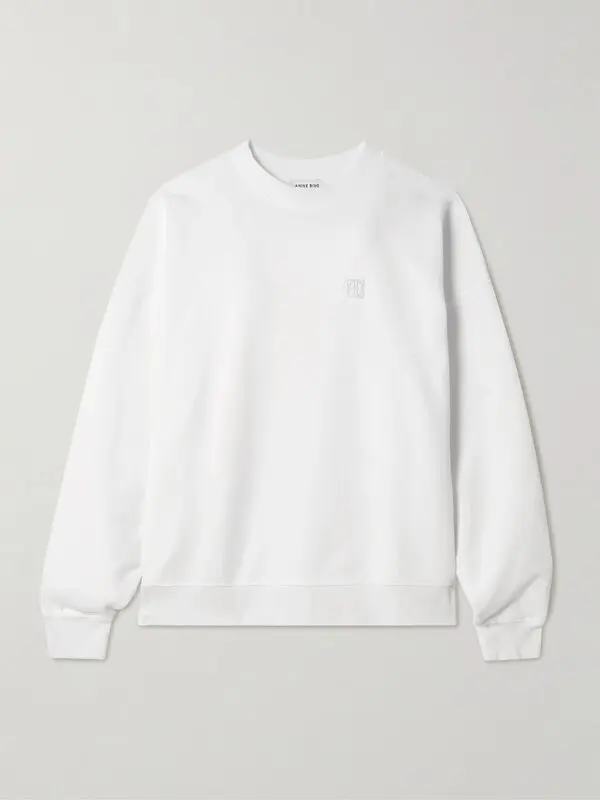 ANINE BING Miles Embroidered Cotton-jersey Sweatshirt - White