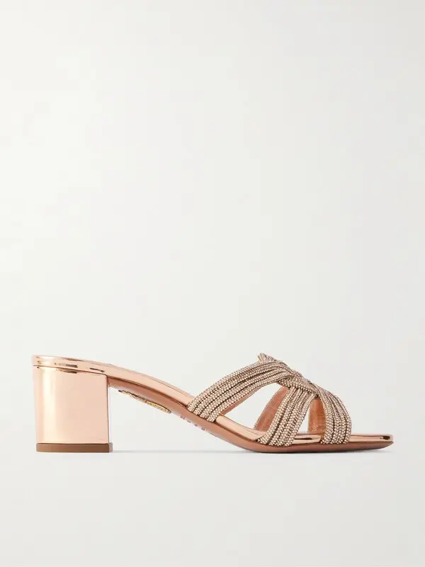 AQUAZZURA Felix 50 Crystal-embellished Mirrored-leather Mules