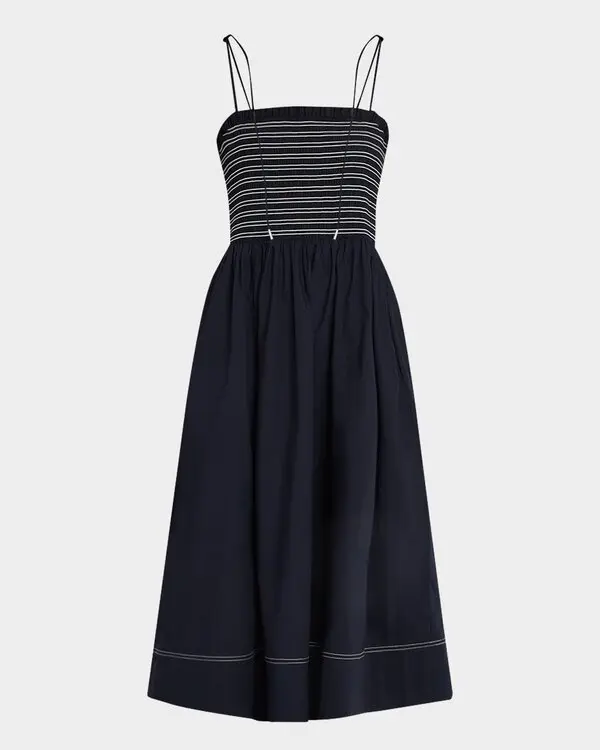 Veronica Beard Kaela Smocked A-line Midi Dress - Navy