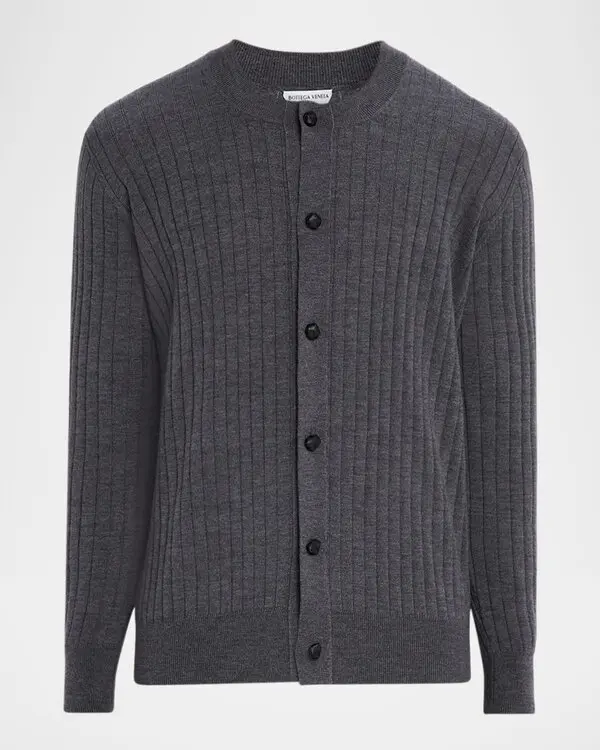 Bottega Veneta Ribbed Wool Cardigan With Leather Buttons - Antracite