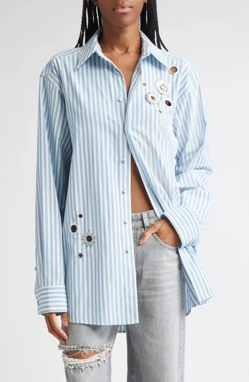 AREA Crystal Embellished Grommet Stripe Poplin Shirt