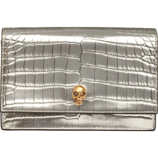 Alexander McQueen Small Skull Croc Embossed Leather Shoulder Bag