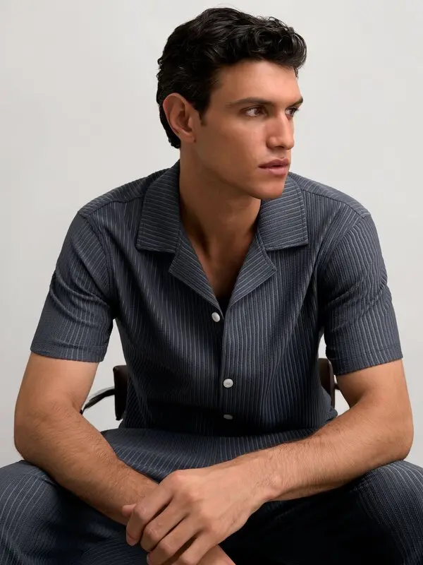 REISS Arnott Textured-stripe Cuban-collar Shirt - Petrol Blue
