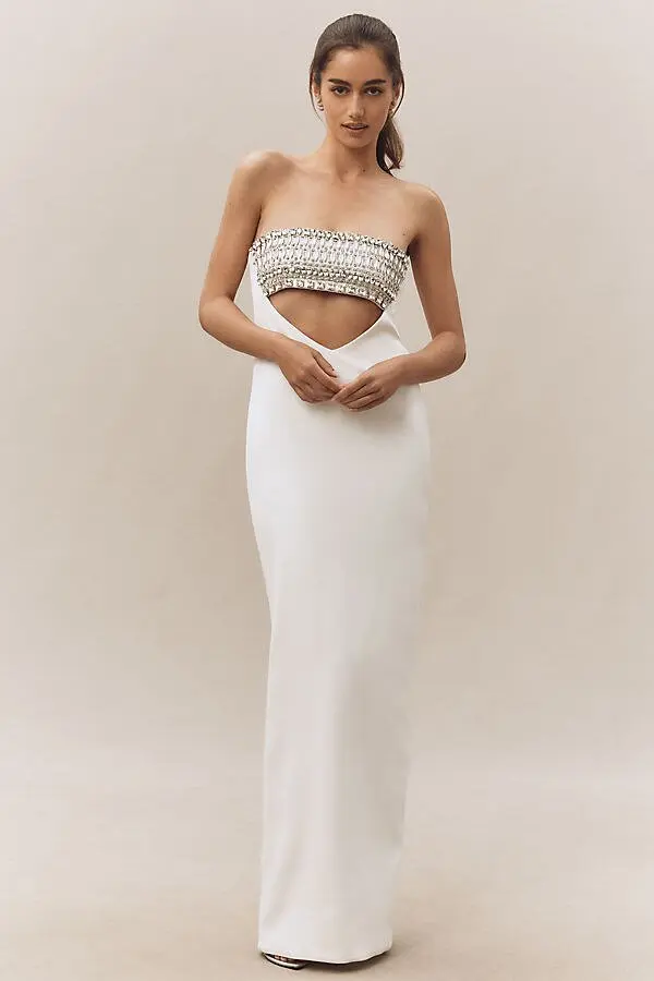 Retrofete Swan Strapless Embellished Cutout Maxi Dress