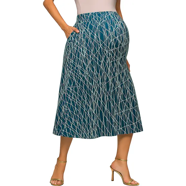 24SEVEN COMFORT APPAREL Maternity Printed Midi Skirt - Blue Multi