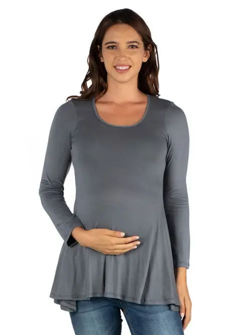 24SEVEN COMFORT APPAREL Maternity Long Sleeve Swing Tunic Top - Charcoal