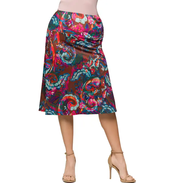 24SEVEN COMFORT APPAREL Paisley Print Maternity Knee Length Skirt - Brown Multi