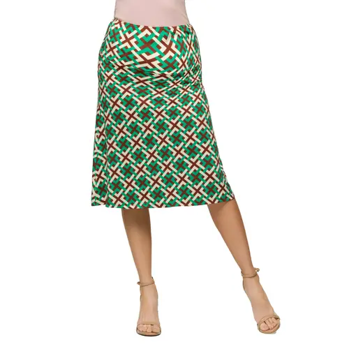 24SEVEN COMFORT APPAREL Maternity Knee Length Skirt With Geometric Print - Green Multi