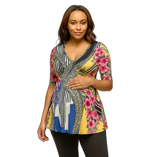 24SEVEN COMFORT APPAREL Maternity Floral Print Elbow Sleeve Henley Tunic Top