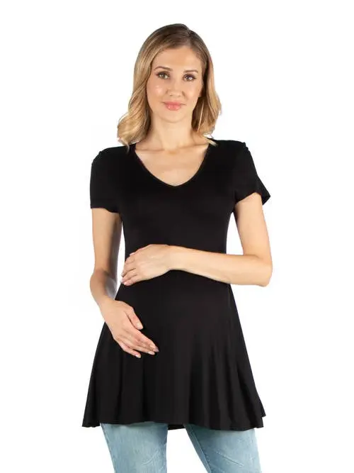 24SEVEN COMFORT APPAREL Maternity Short Sleeve Flared Tunic Top - Black