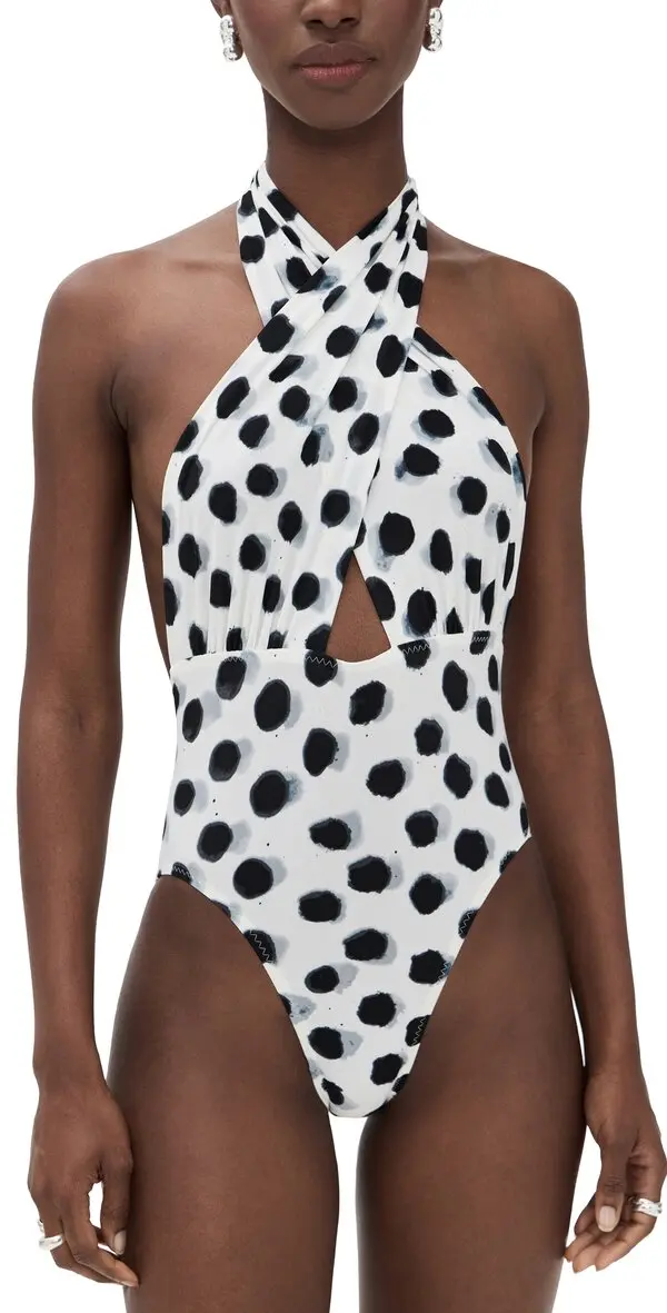 Norma Kamali Cross Halter Mio One-piece Swimsuit - Paint Dots