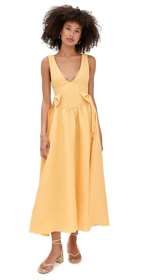 VRG GRL Linen Midi Dress With Bow Detail - Sun