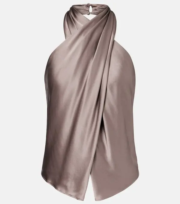 THE SEI Draped Halterneck Silk Charmeuse Top