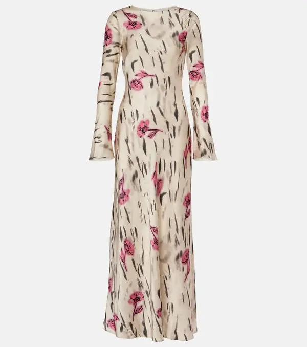 GANNI Floral Open-back Satin Maxi Dress - Beige
