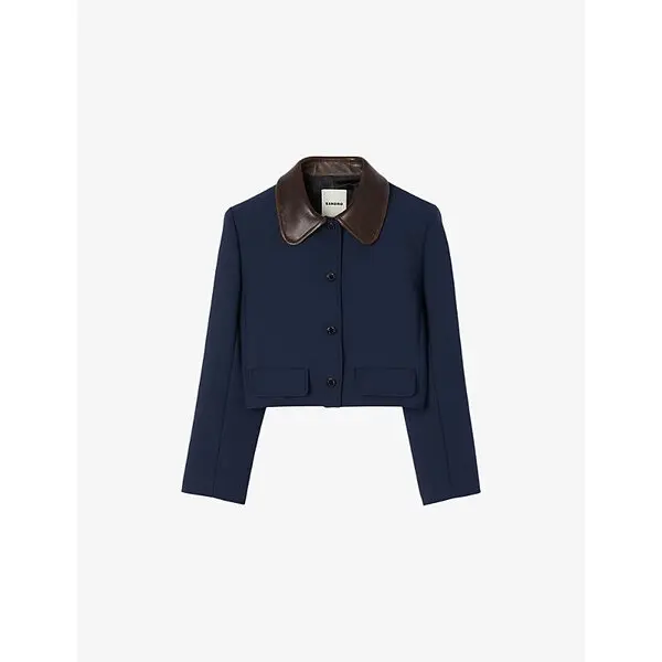 Sandro Contrast-collar Cropped Jacket - Navy Blue