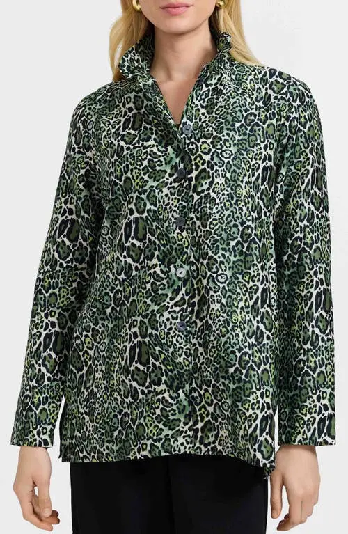 Foxcroft Carolina Leopard Print Cotton Sateen Shirt - Basil Green/ Multi
